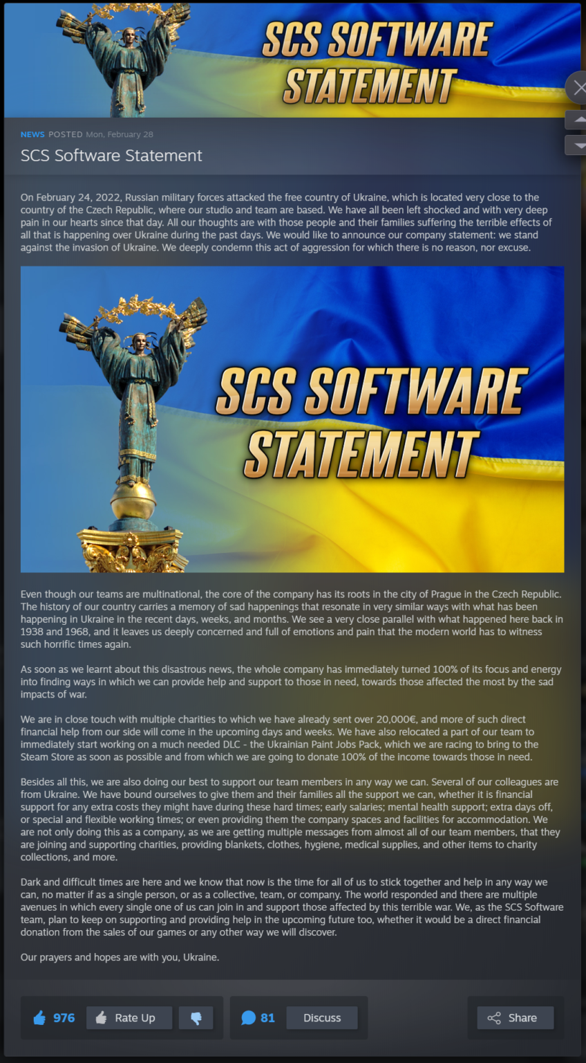 SCS Software makes a politically biased and uninformed statement ...